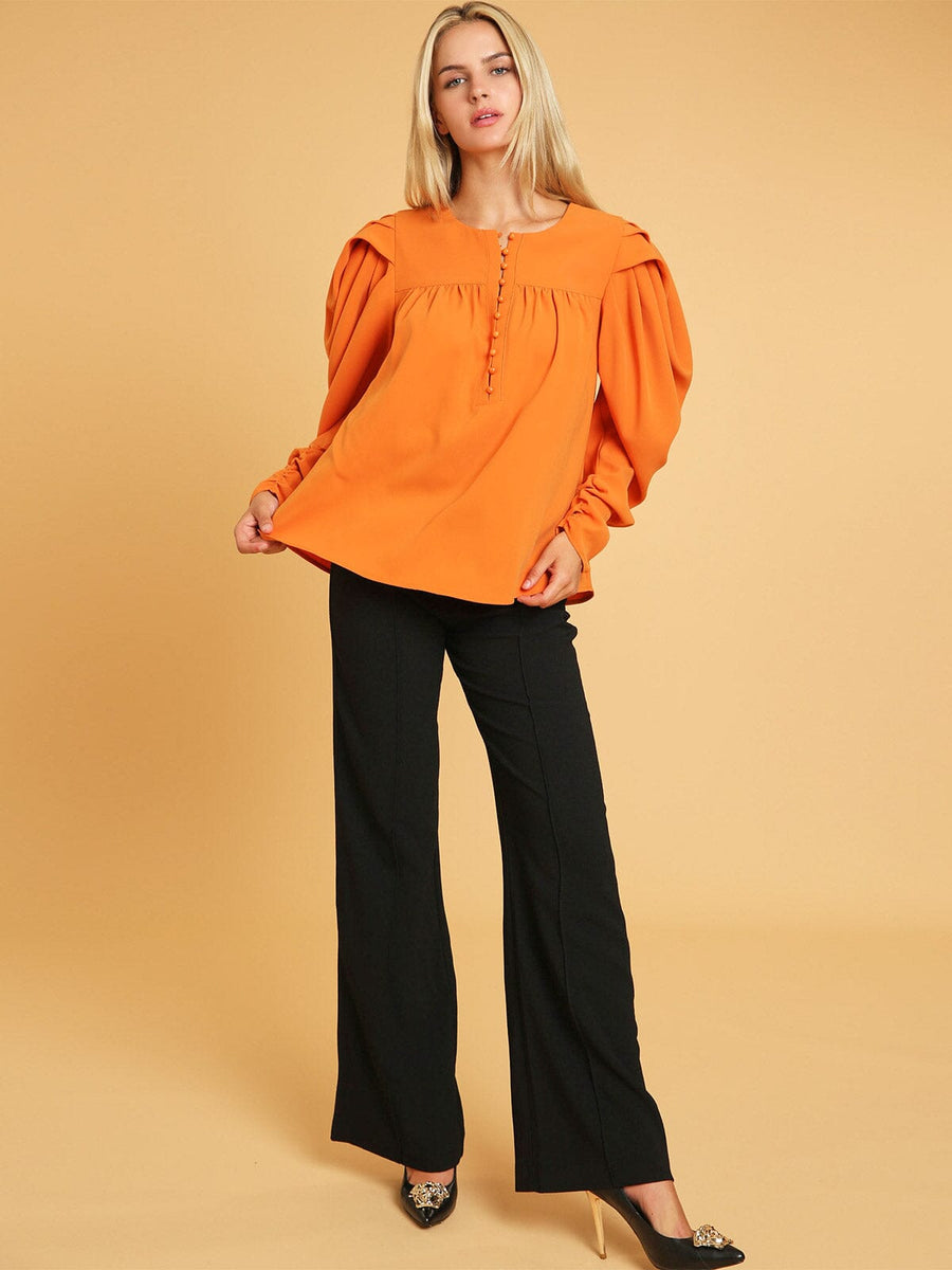 WOMEN'S LONG PUFF SLEEVE BUTTON CLOSURE BLOUSE – Wholesalefashiontrends.com
