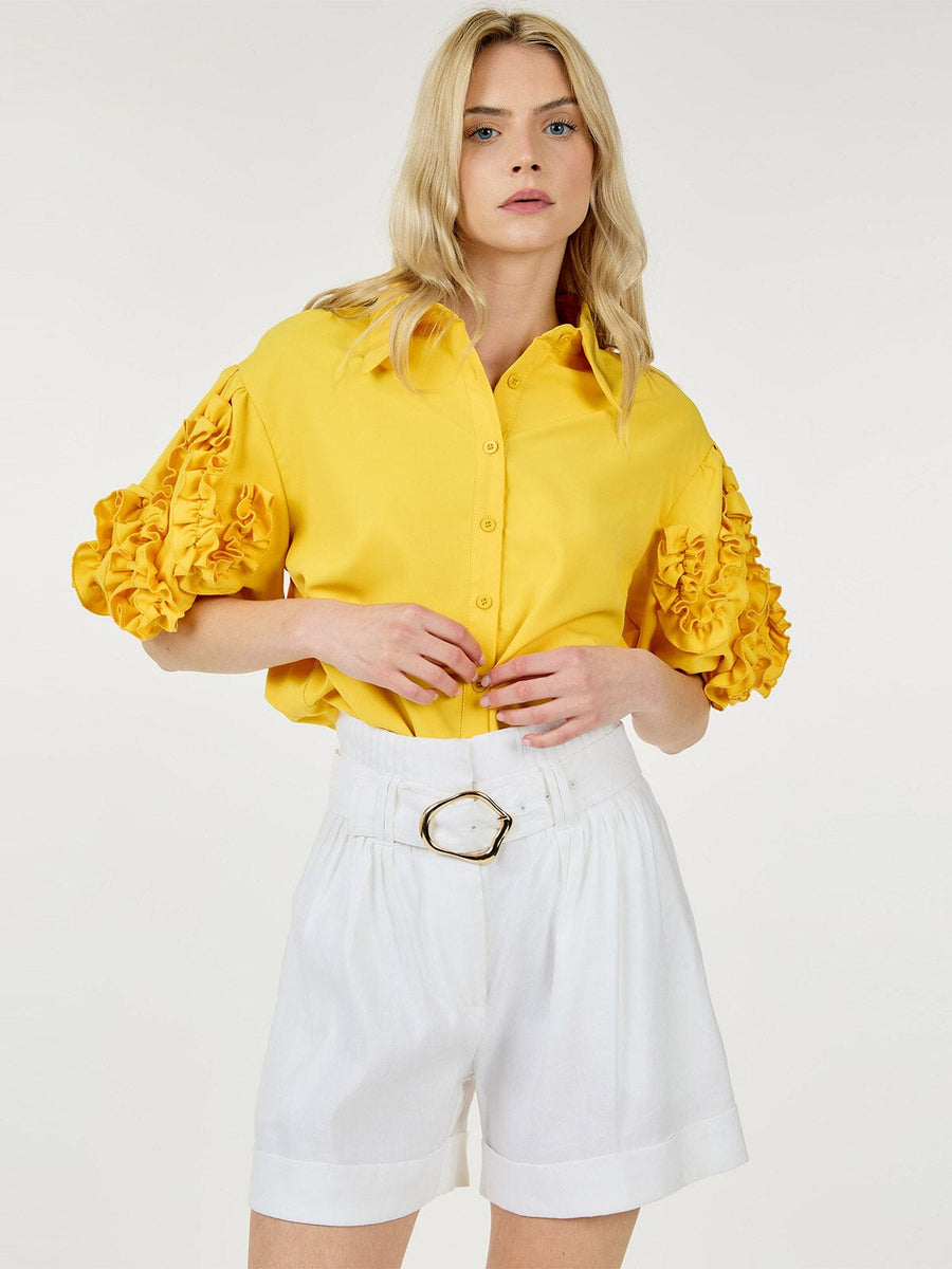 WOMEN'S SHORT RUFFLE SLEEVE BUTTON CLOSURE BLOUSE ...