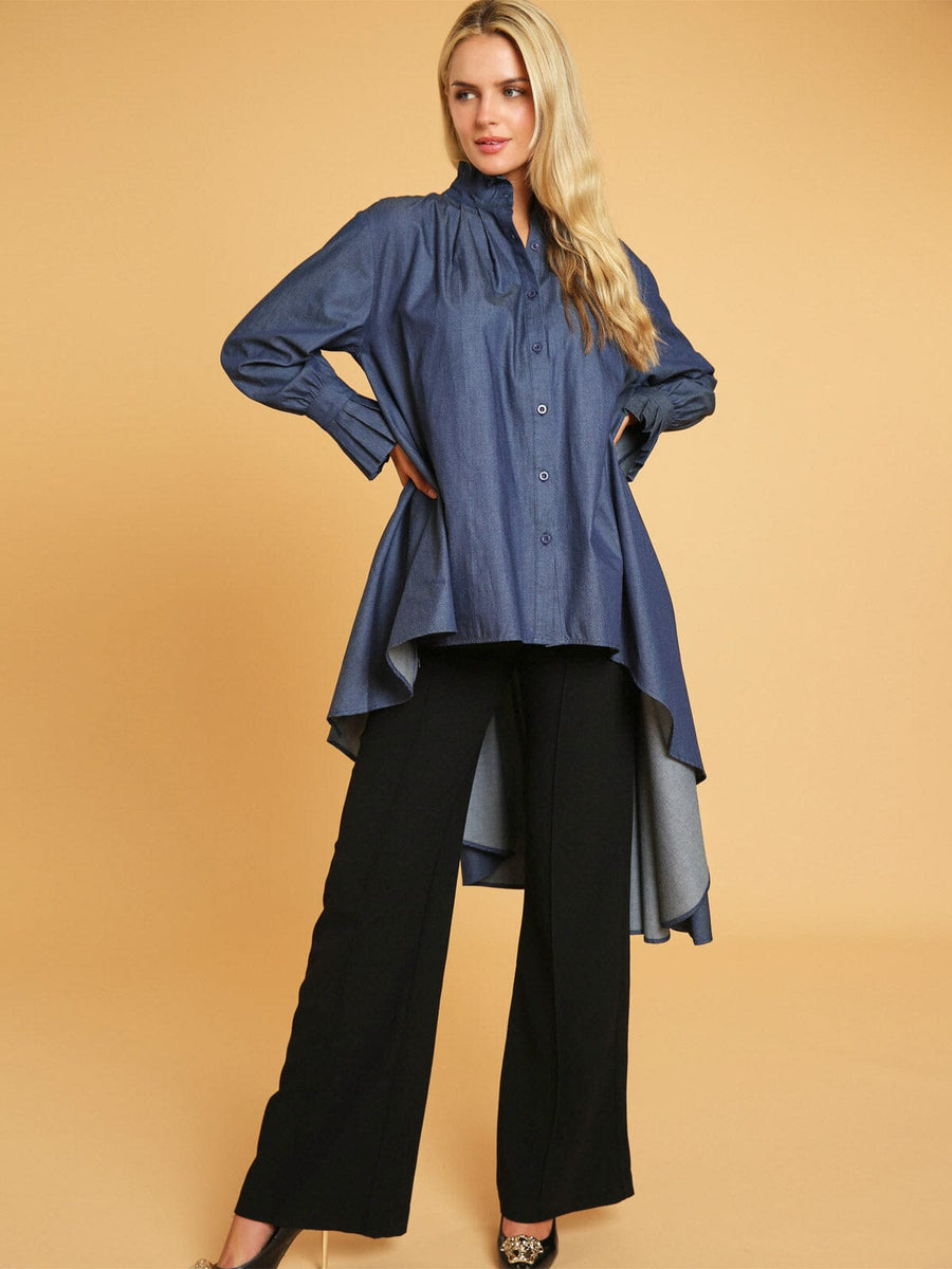 WOMEN'S LONG SLEEVES BUTTON UP HIGH-LOW DENIM TUNIC BLOUSE ...