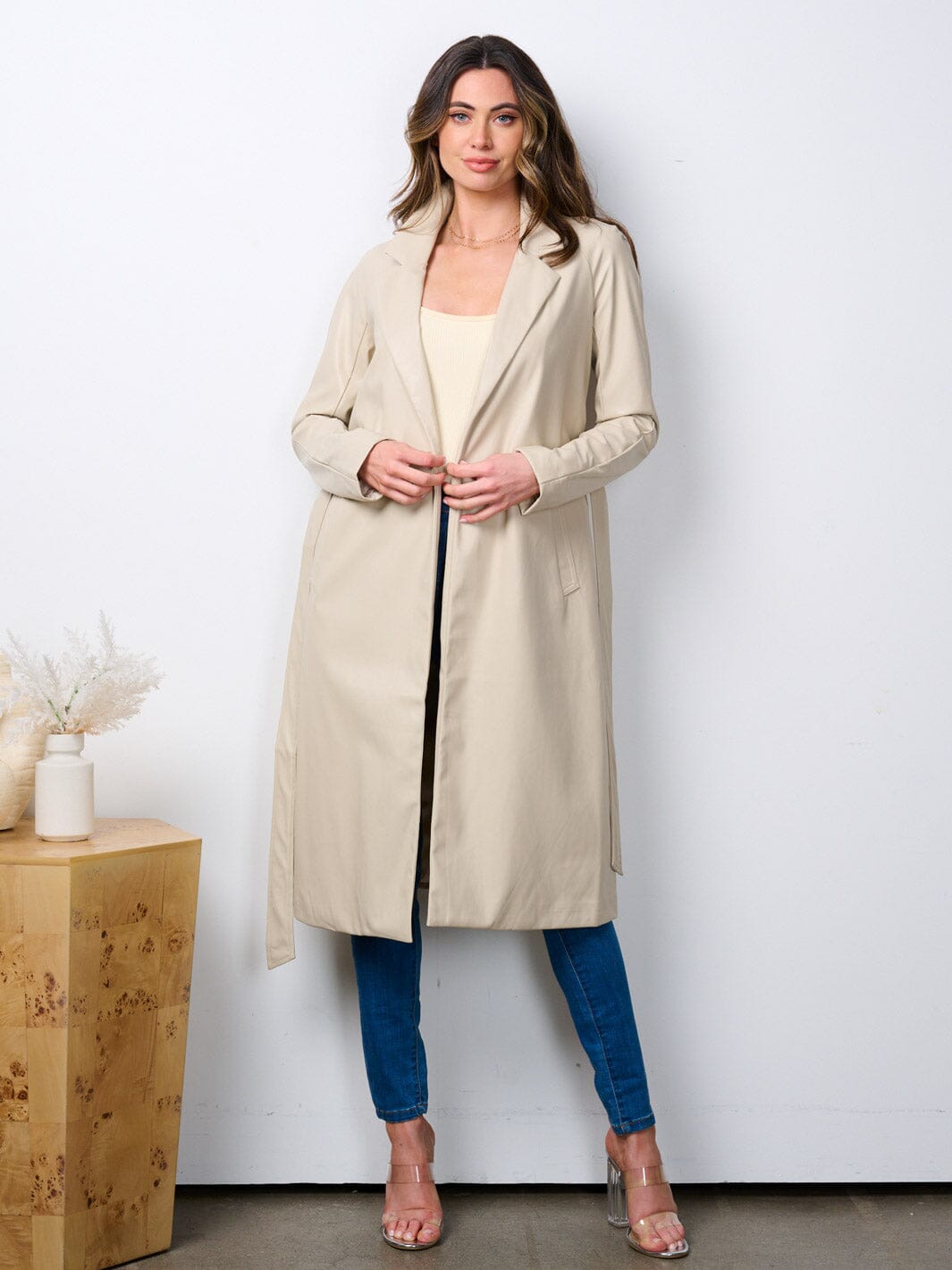 WOMEN'S LONG SLEEVE OPEN FRONT SELF TIE PU PLEATHER COAT ...