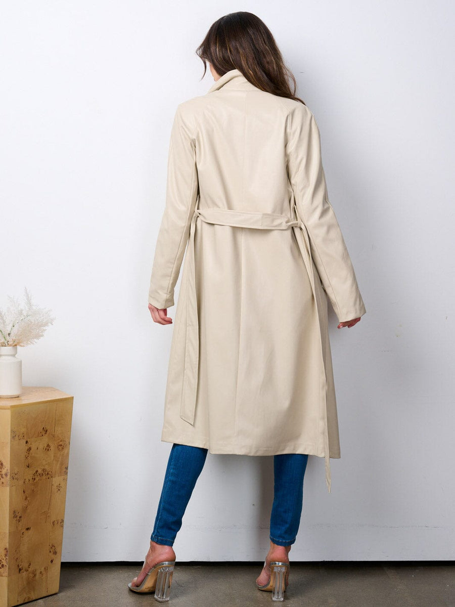 WOMEN'S LONG SLEEVE OPEN FRONT SELF TIE PU PLEATHER COAT ...