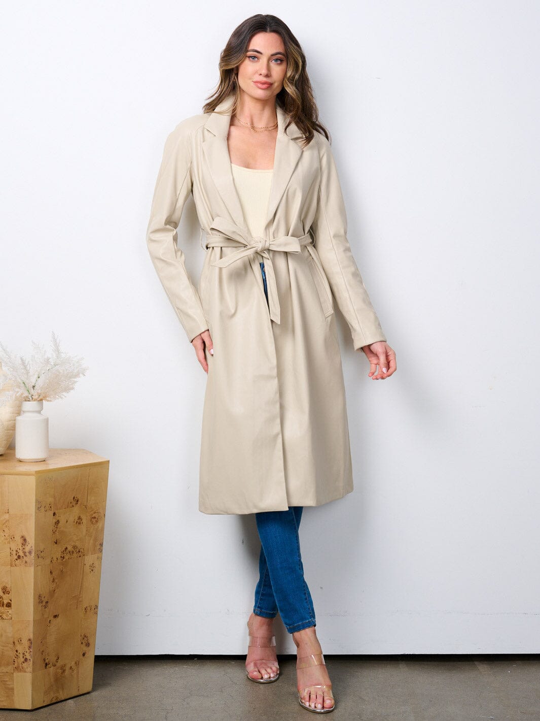 WOMEN'S LONG SLEEVE OPEN FRONT SELF TIE PU PLEATHER COAT ...