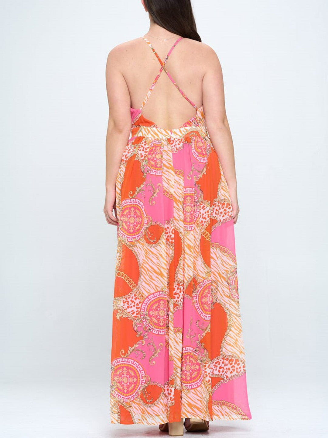 PLUS SIZE SLEEVELESS V-NECK OPEN BACK MULTI PRINT MAXI DRESS ...