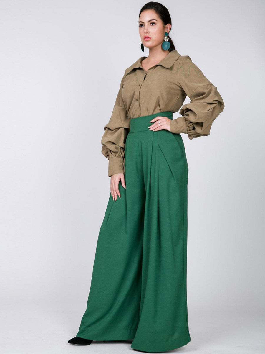 WOMEN'S LONG PUFF SLEEVE BUTTON CLOSURE TRIM DETAILED BLOUSE ...