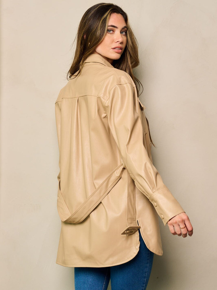 WOMEN'S LONG SLEEVE BUTTON UP BELTED PU PLEATHER JACKET ...
