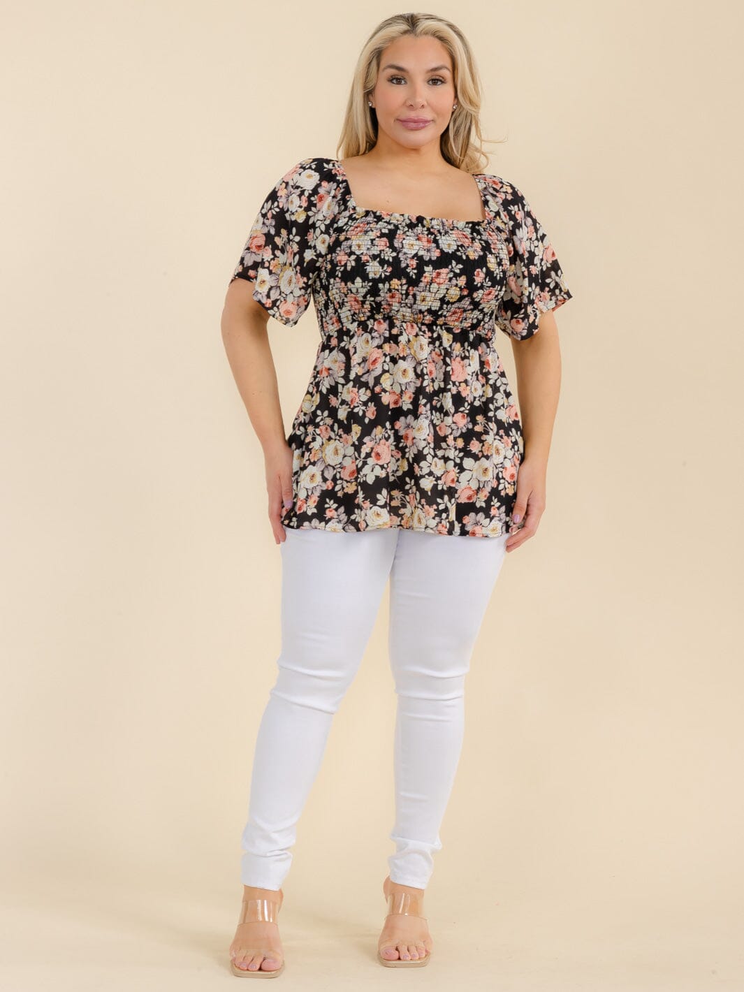 PLUS SIZE SHORT SLEEVE SMOCK FLORAL TUNIC BLOUSE ...