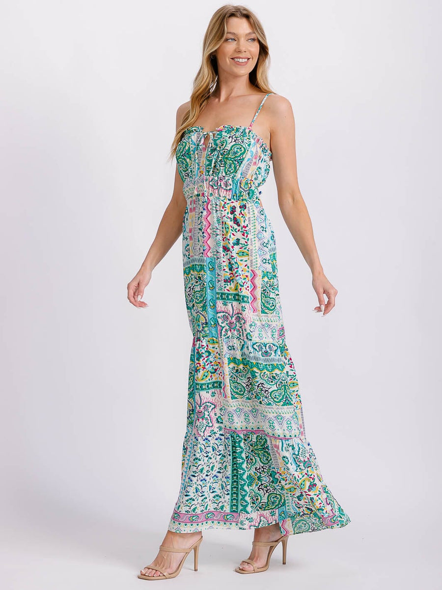WOMEN'S SLEEVELESS V-NECK ELASTIC WAIST TIERED OPEN BACK MULTI PRINT M ...