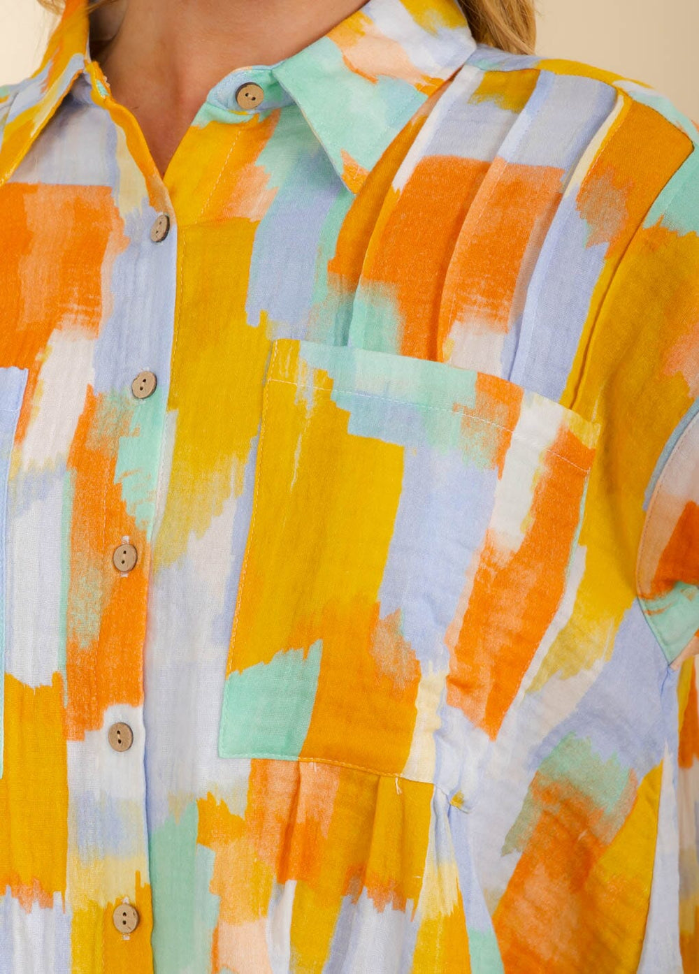 WOMEN'S SHORT SLEEVE FRONT POCKETS BUTTON UP MULTI BLOUSE ...