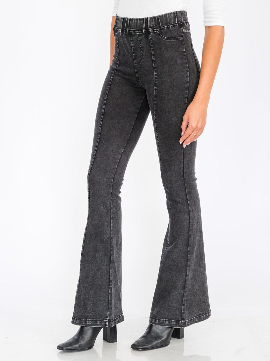 WOMEN'S ELASTIC WAIST BACK POCKETS BELL BOTTOM WASHED PANTS ...
