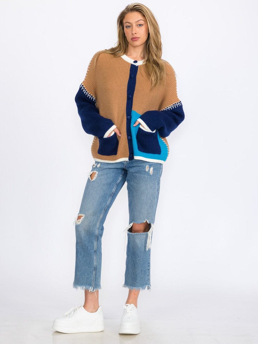WOMEN'S LONG SLEEVES BUTTON UP COLORBLOCK CARDIGAN SWEATER ...