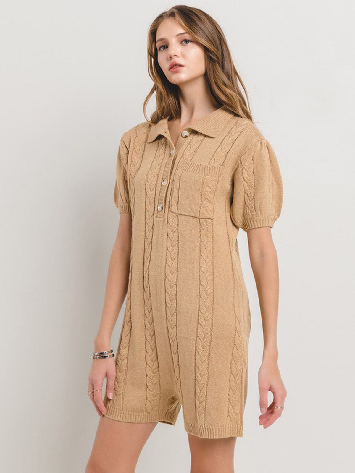 WOMEN'S SHORT SLEEVE BUTTON UP POCKETS CABLE KNIT ROMPER ...