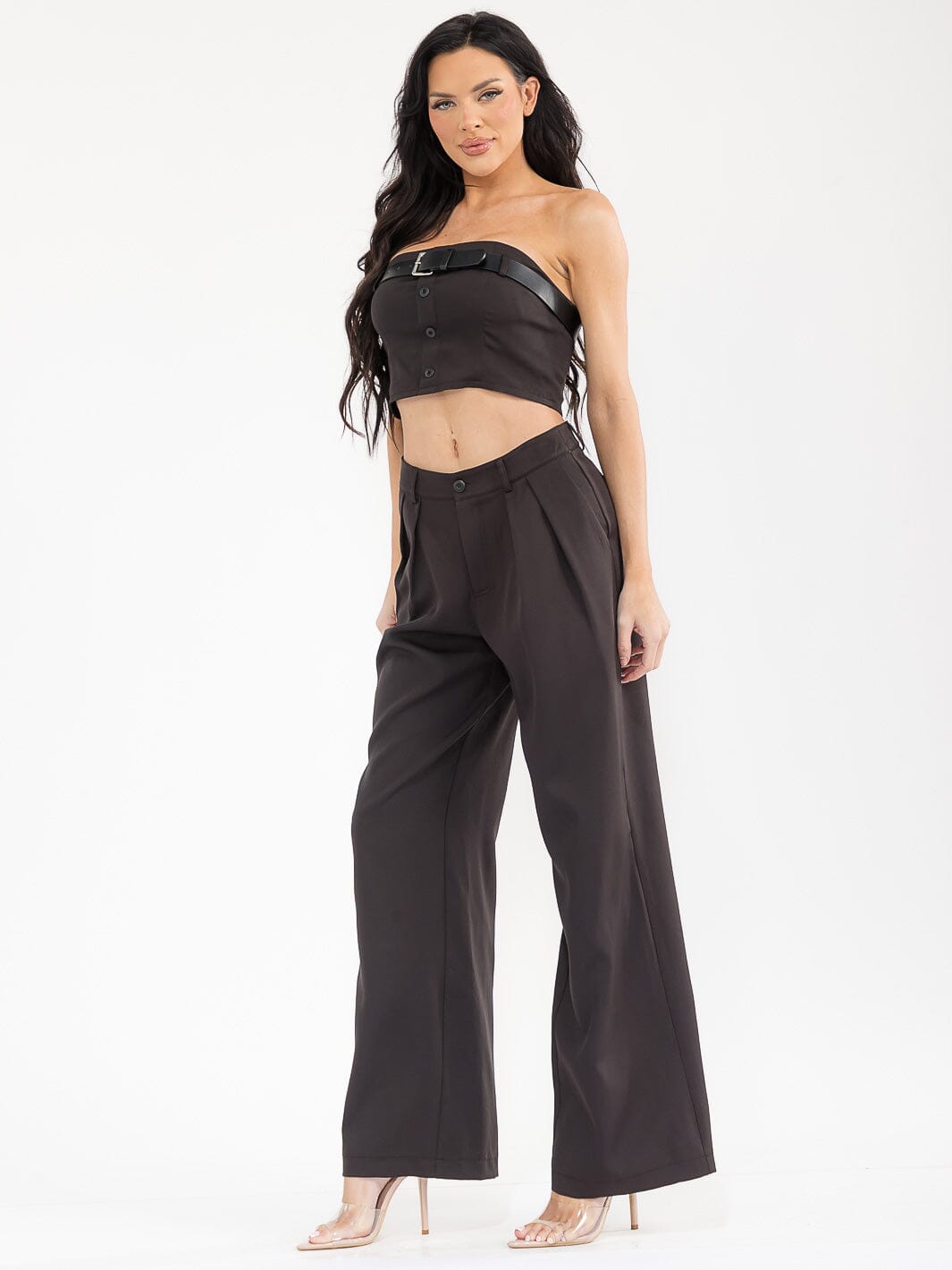 WOMEN'S SLEEVELESS CROP TOP & BUTTON CLOSURE PANTS BELTED SOLID 2PC. S ...