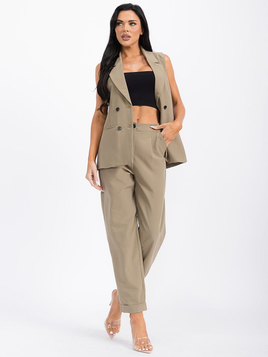 WOMEN'S SLEEVELESS TOP & BUTTON CLOSURE WIDE LEG PANTS SOLID 2PC. SET ...