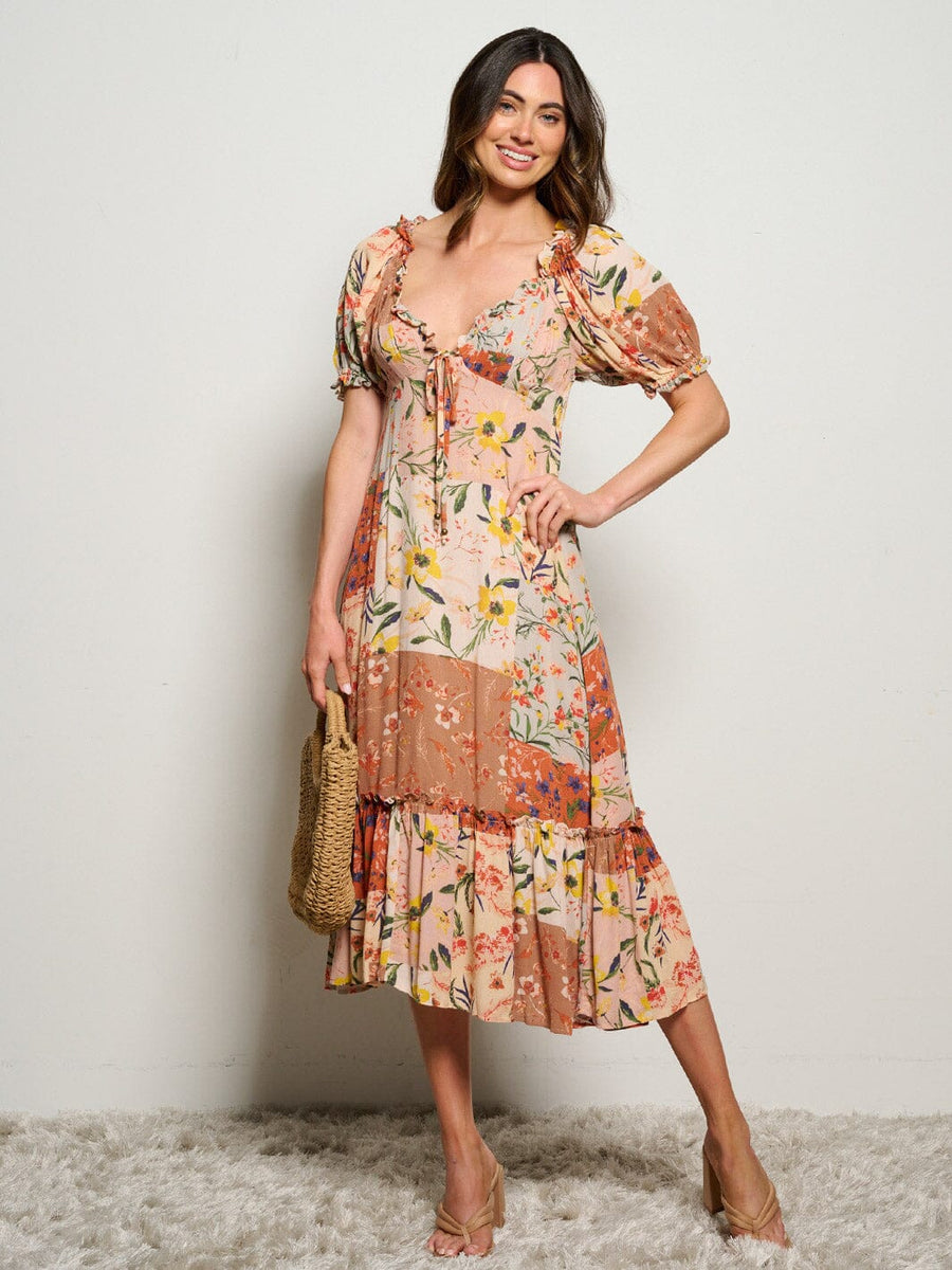 WOMEN'S SHORT PUFF SLEEVE V-NECK FLORAL MAXI DRESS ...