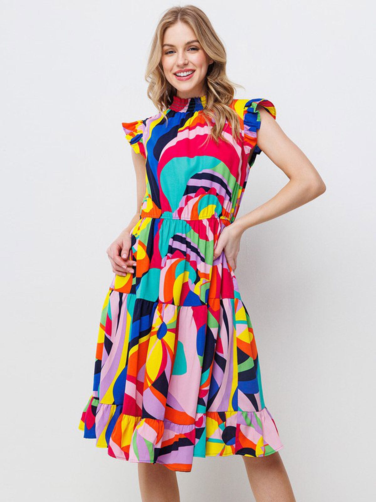 WOMEN'S SHORT SLEEVE MOCK NECK MULTI COLOR MIDI DRESS ...