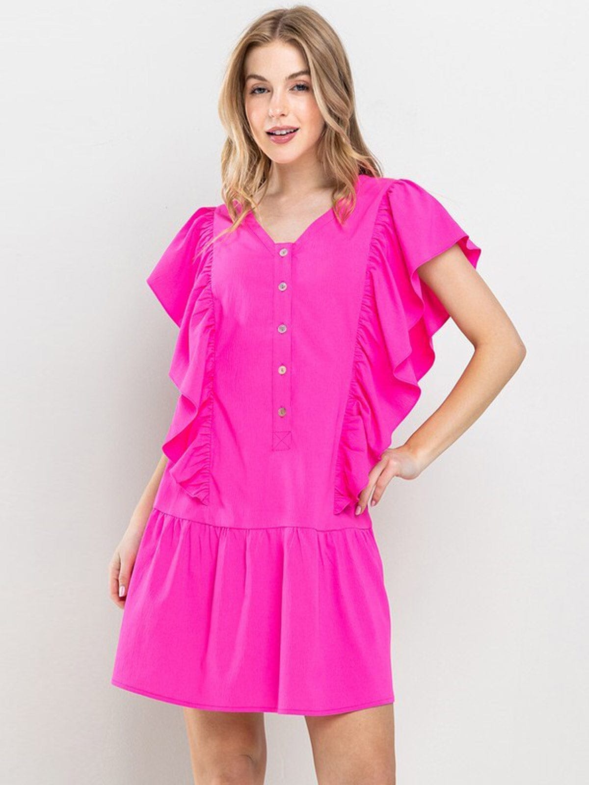 WOMEN'S SHORT RUFFLE SLEEVE BUTTON UP TUNIC MINI DRESS ...