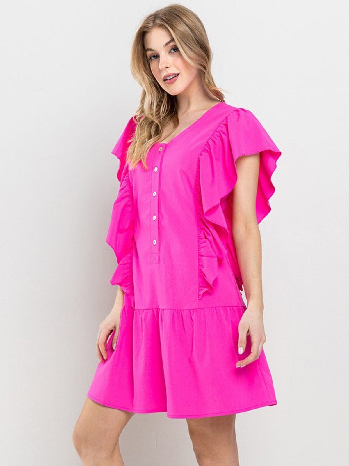 WOMEN'S SHORT RUFFLE SLEEVE BUTTON UP TUNIC MINI DRESS ...