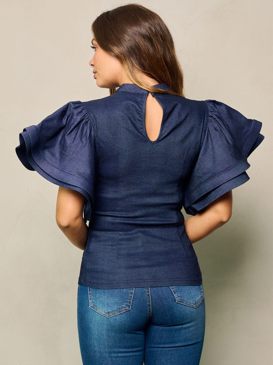 WOMEN'S RUFFLE PUFF SLEEVES DENIM TOP – Wholesalefashiontrends.com