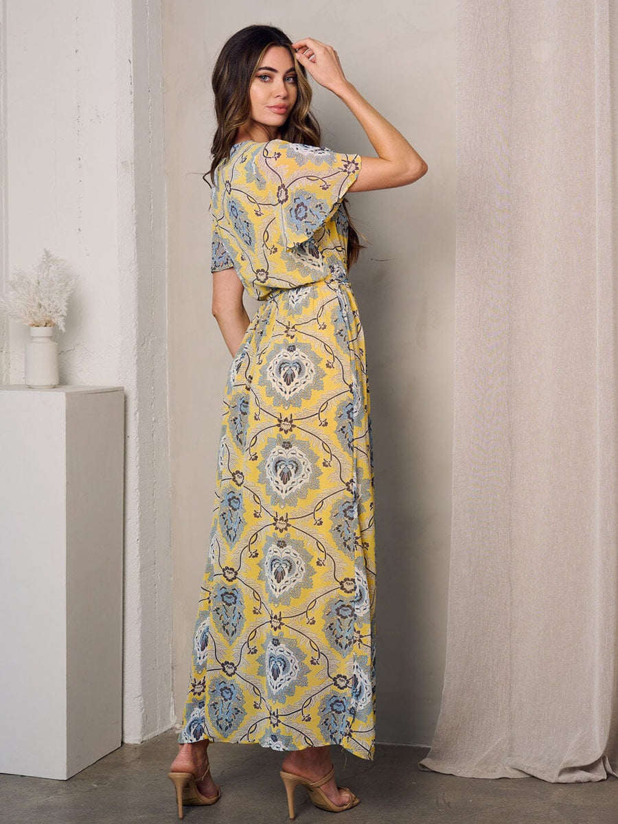 WOMEN'S SHORT SLEEVE SURPLICE SELF TIE MULTI PRINT MAXI DRESS ...