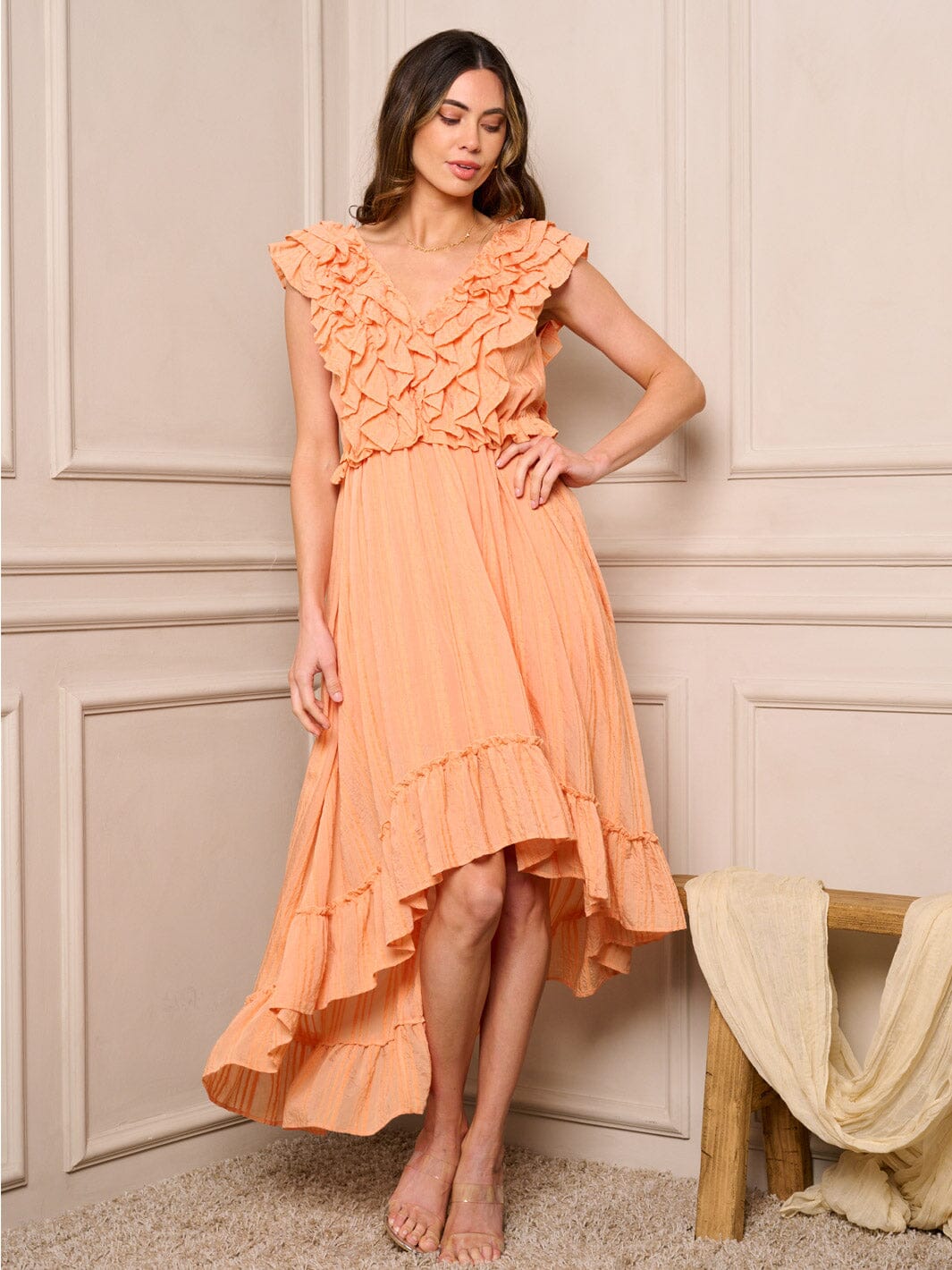 WOMEN'S SLEEVELESS RUFFLE HIGH-LOW MIDI DRESS – Wholesalefashiontrends.com