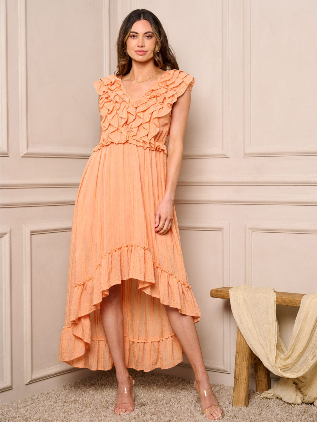 WOMEN'S SLEEVELESS RUFFLE HIGH-LOW MIDI DRESS – Wholesalefashiontrends.com
