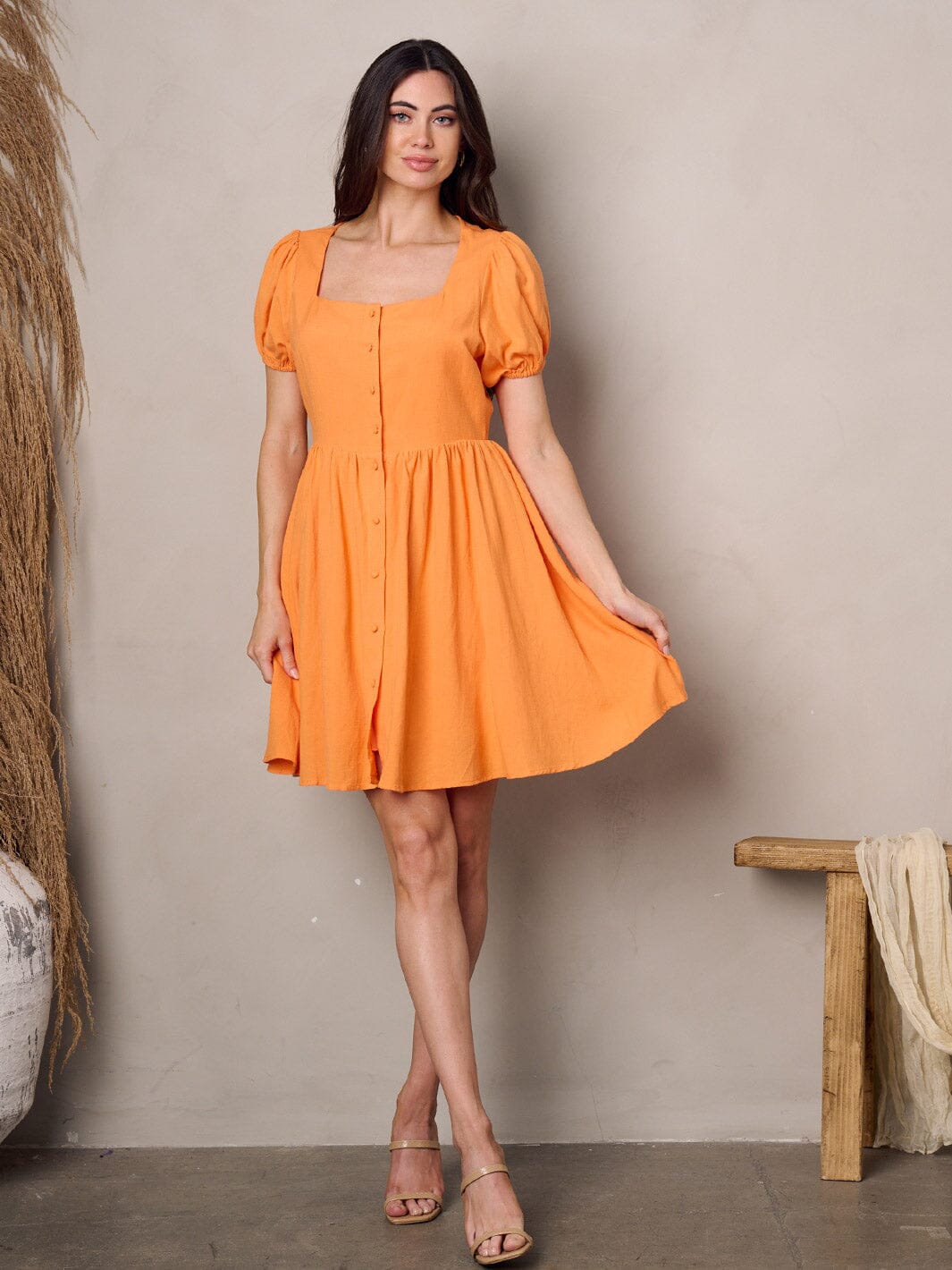 WOMEN'S SHORT SLEEVE BUTTON UP SQUARE NECK MINI DRESS ...