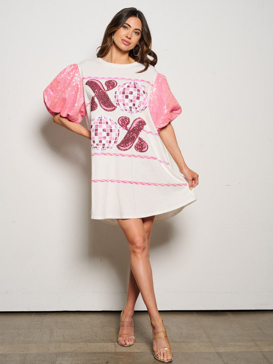 WOMEN'S SHORT SEQUINS SLEEVE METALLIC GRAPHIC MINI DRESS ...