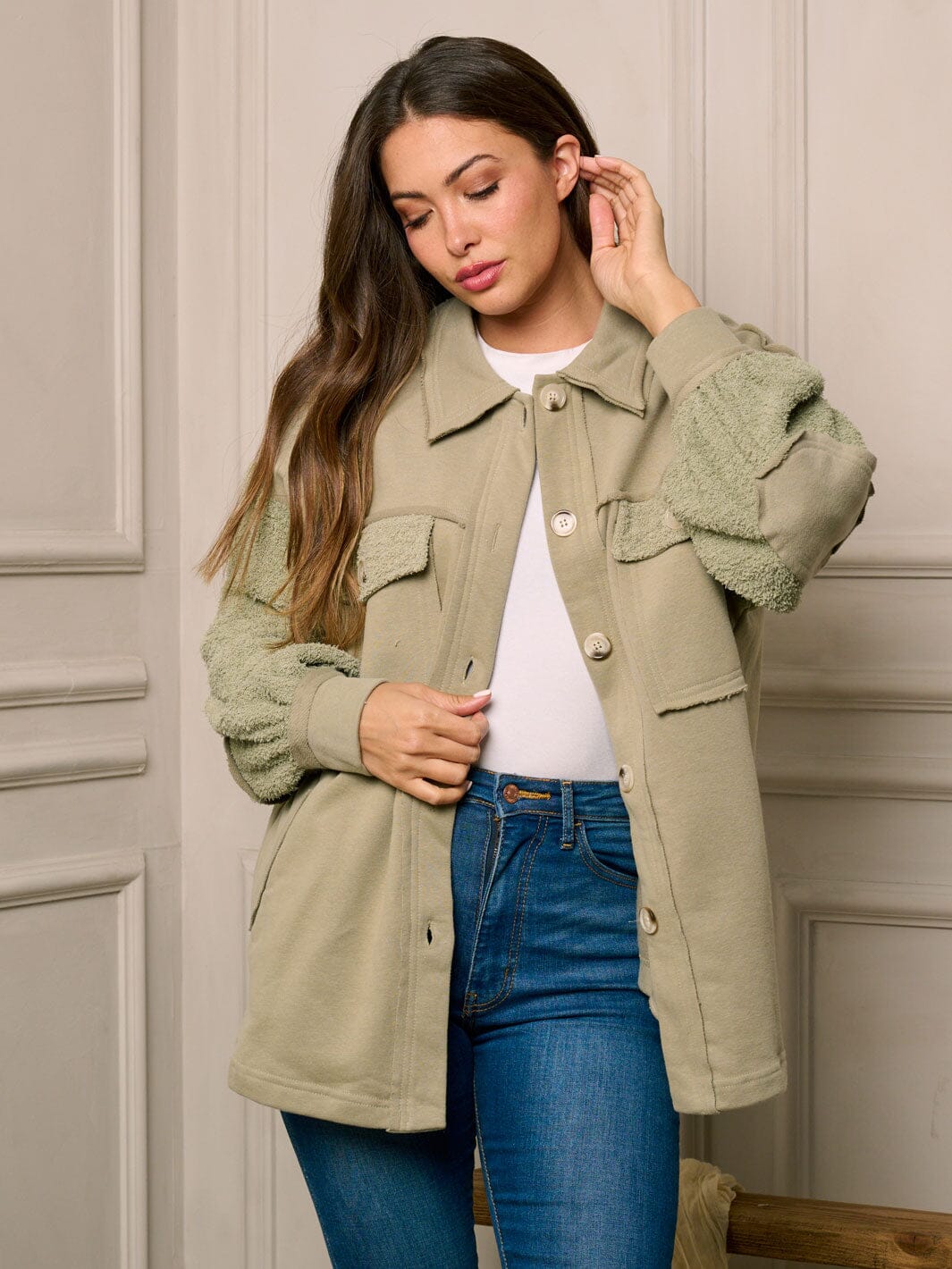 WOMEN'S LONG SHERPA SLEEVE BUTTON CLOSURE JACKET ...