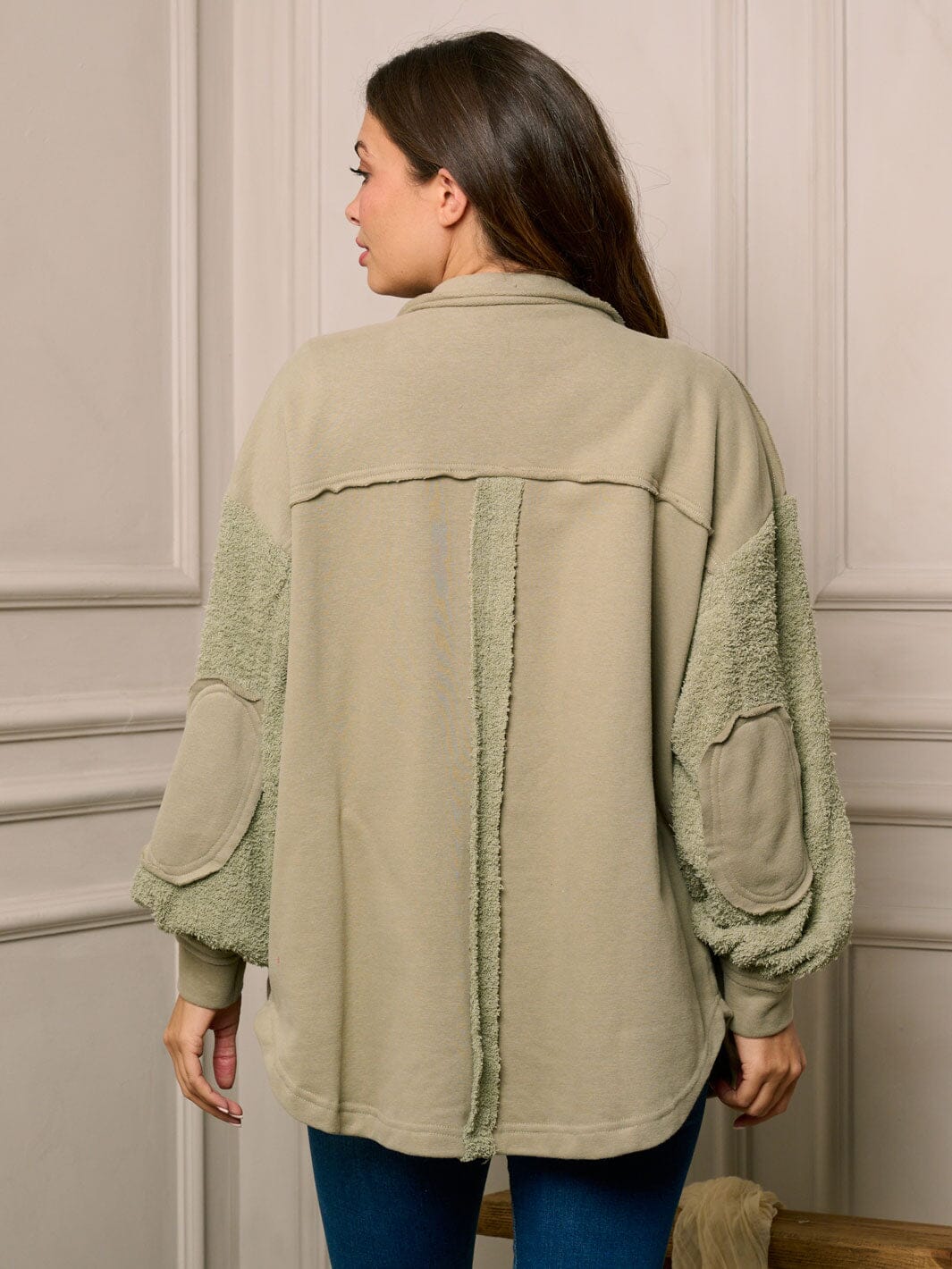 WOMEN'S LONG SHERPA SLEEVE BUTTON CLOSURE JACKET ...