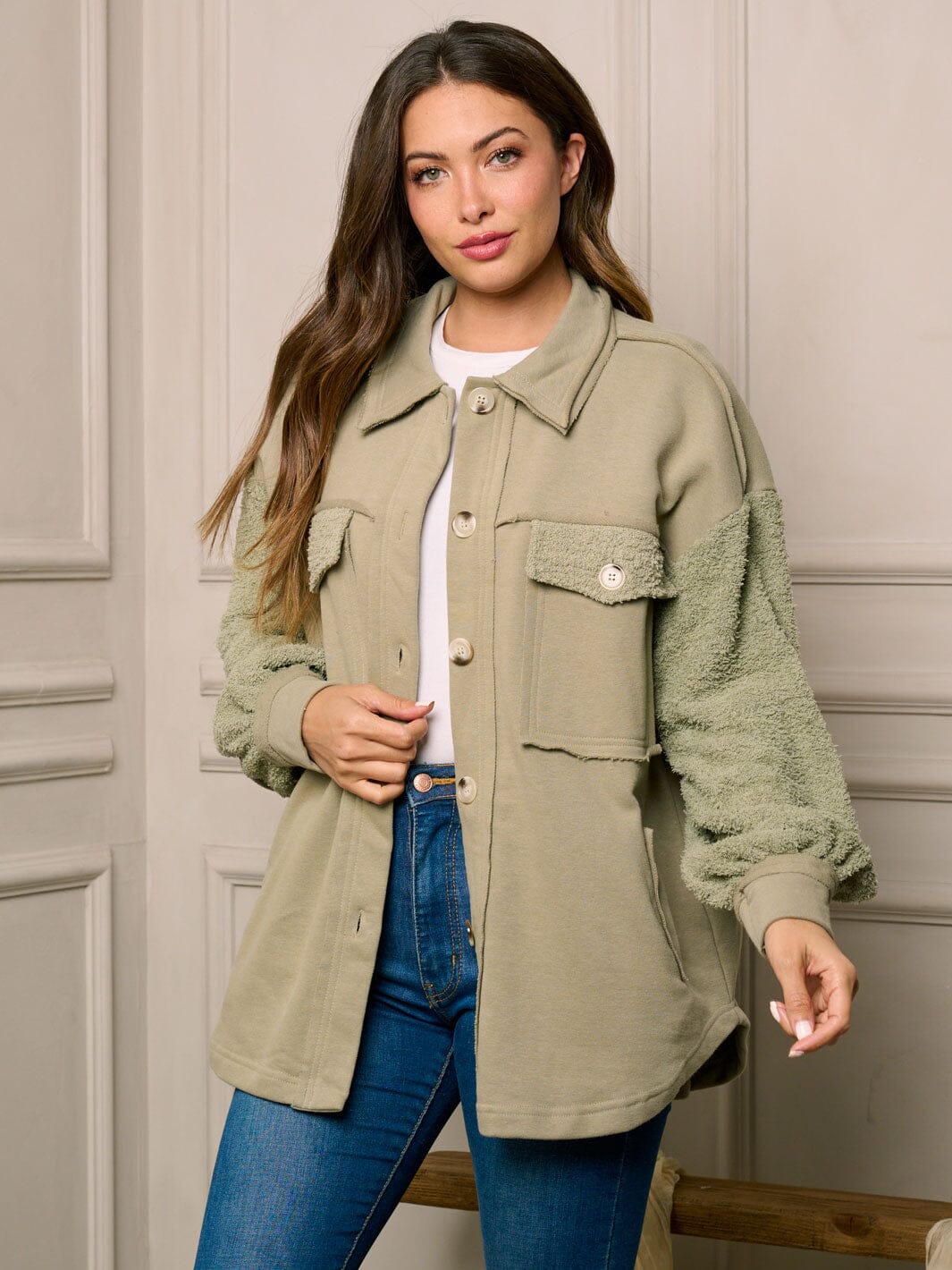 WOMEN'S LONG SHERPA SLEEVE BUTTON CLOSURE JACKET ...