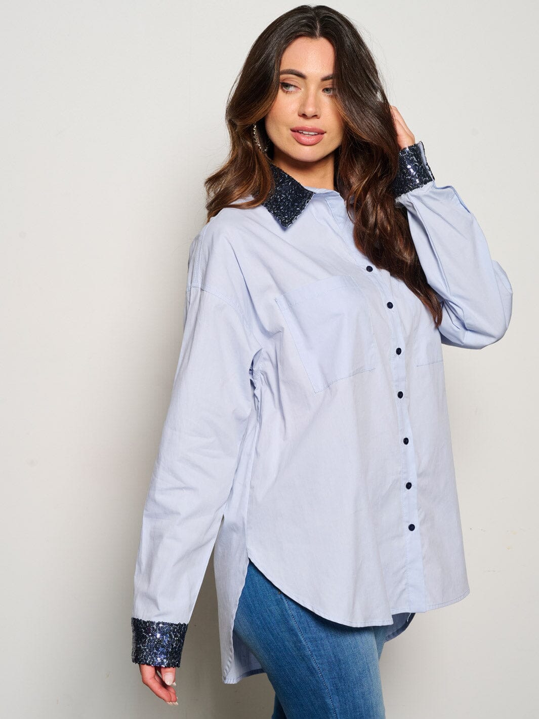 WOMEN'S LONG SLEEVE BUTTON UP SEQUINS GRAPHIC TOP ...