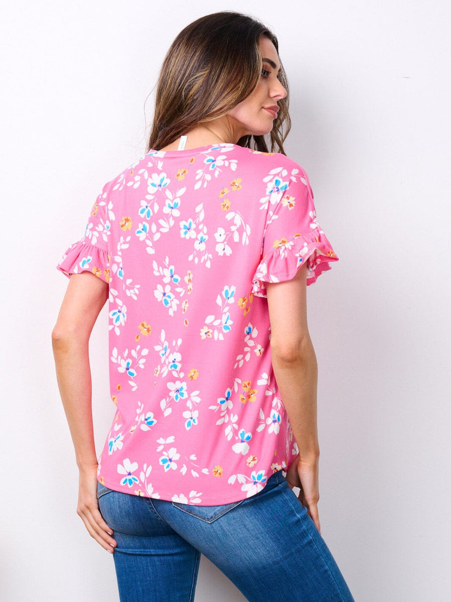 WOMEN'S SHORT RUFFLE SLEEVE V-NECK FLORAL TOP – Wholesalefashiontrends.com