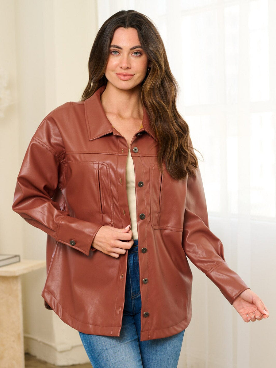 WOMEN'S LONG SLEEVE BUTTON UP FRONT POCKET PU PLEATHER JACKET ...