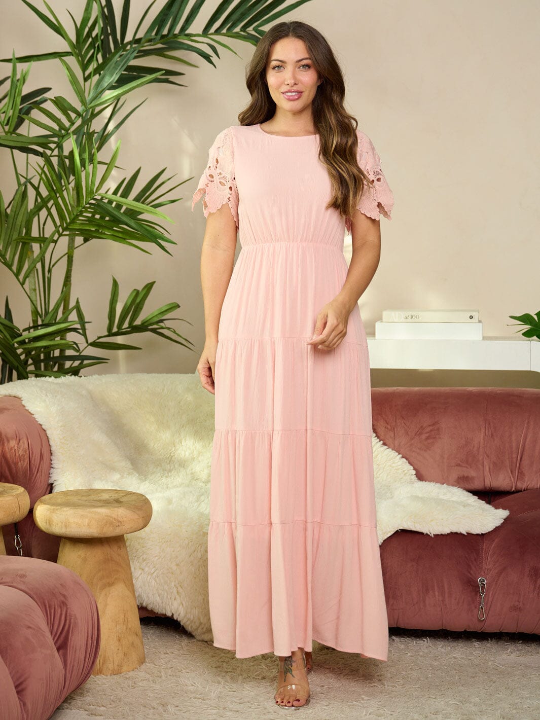 WOMEN'S SHORT DETAILED SLEEVE TIERED ELASTIC WAIST MAXI DRESS ...