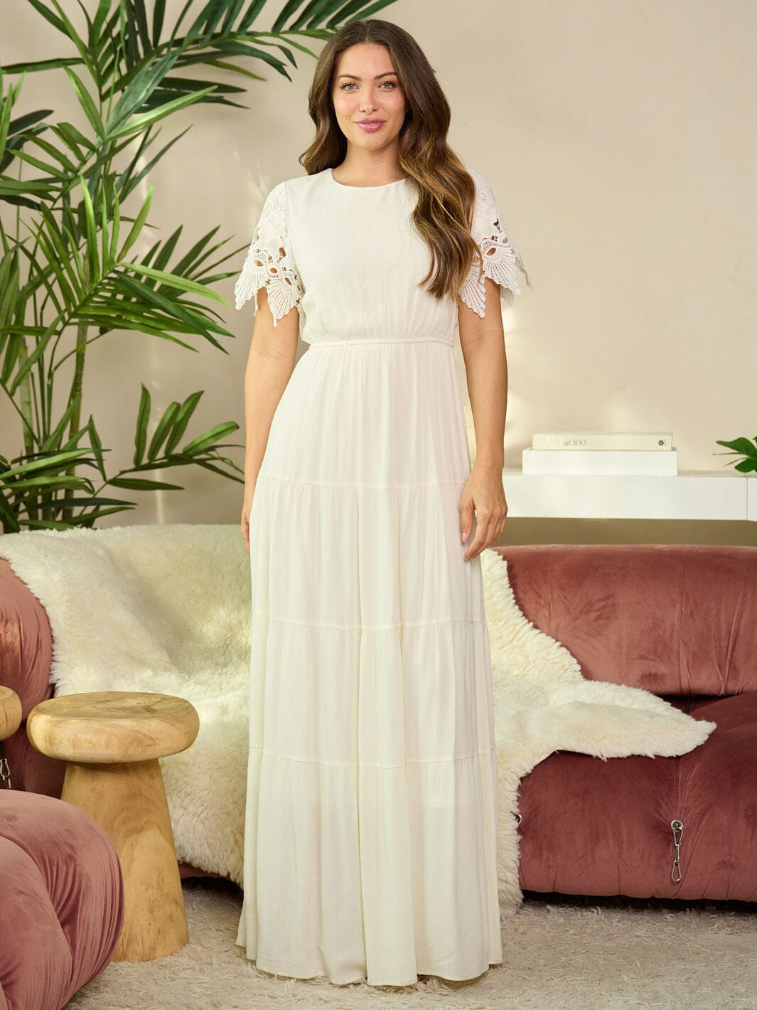 WOMEN'S SHORT DETAILED SLEEVE TIERED ELASTIC WAIST MAXI DRESS ...