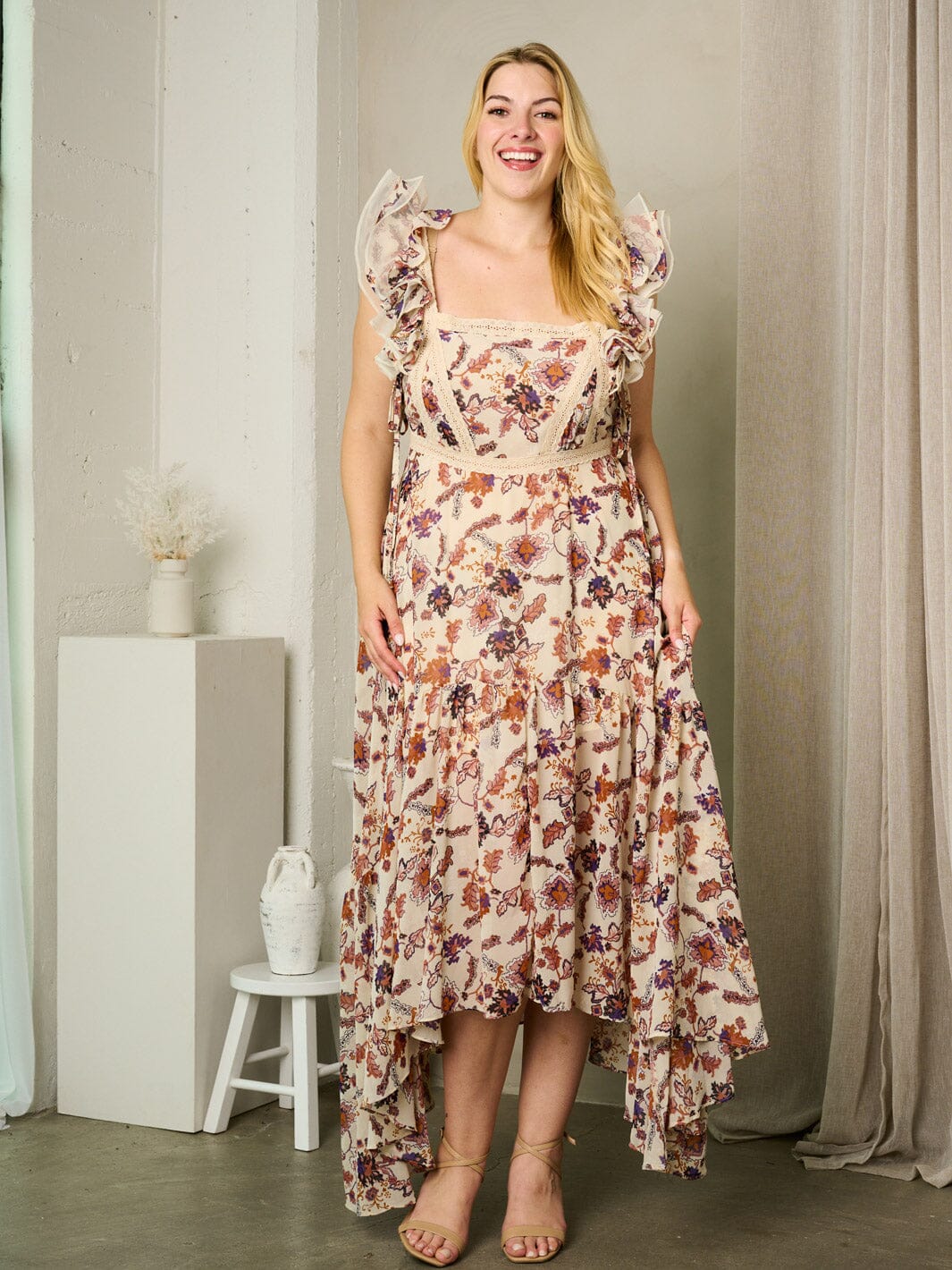 PLUS SIZE SLEEVELESS RUFFLE SQUARE NECK FLORAL MAXI DRESS ...