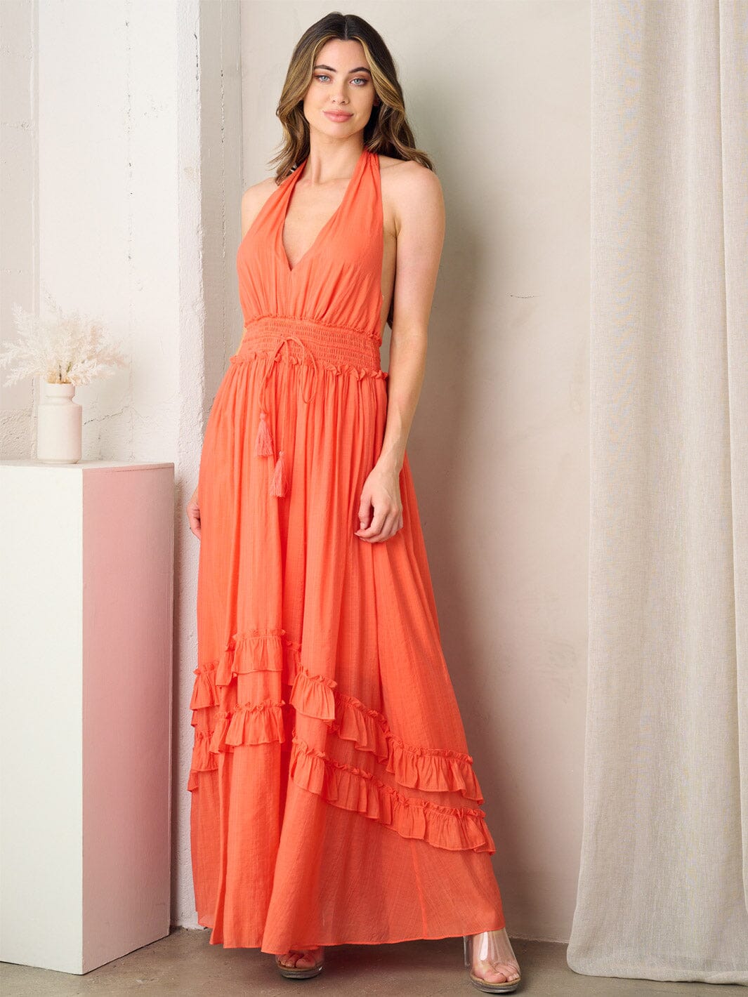 WOMEN'S SLEEVELESS HALTER NECK OPEN BACK RUFFLE TIERED MAXI DRESS ...