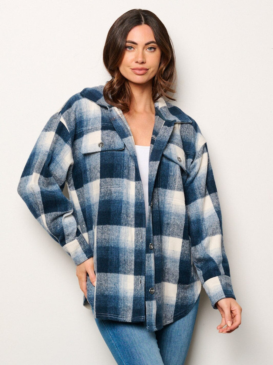 WOMEN'S LONG SLEEVE BUTTON UP FRONT POCKETS PLAID TOP ...