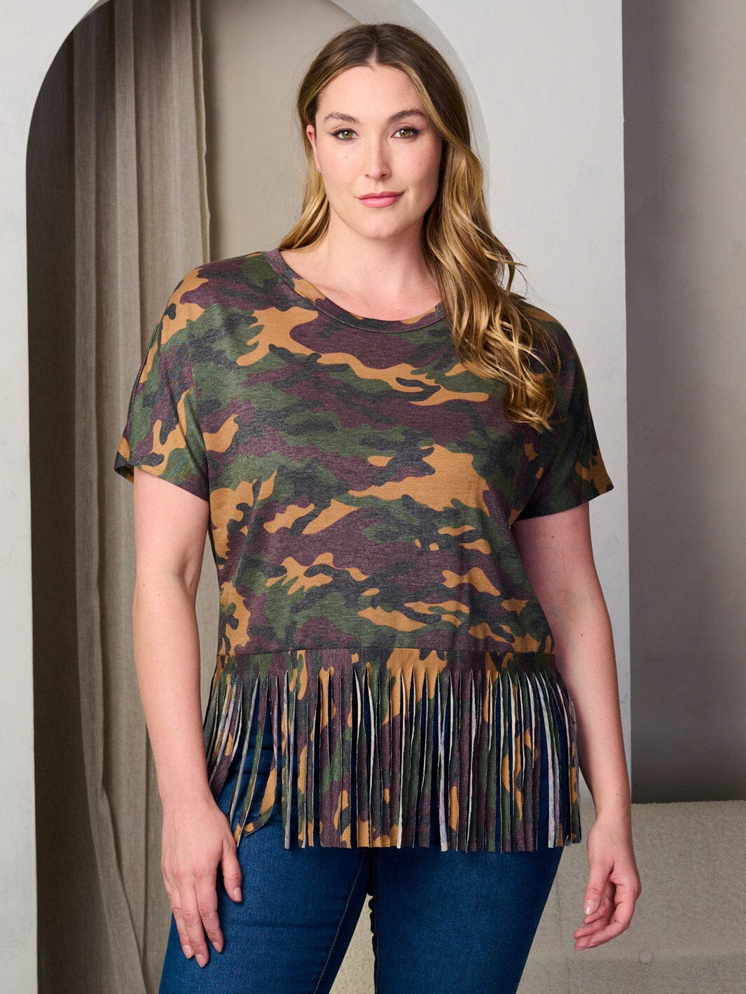 PLUS SIZE SHORT SLEEVE FRINGE BOTTOM HEM TUNIC CAMO PRINT TOP ...