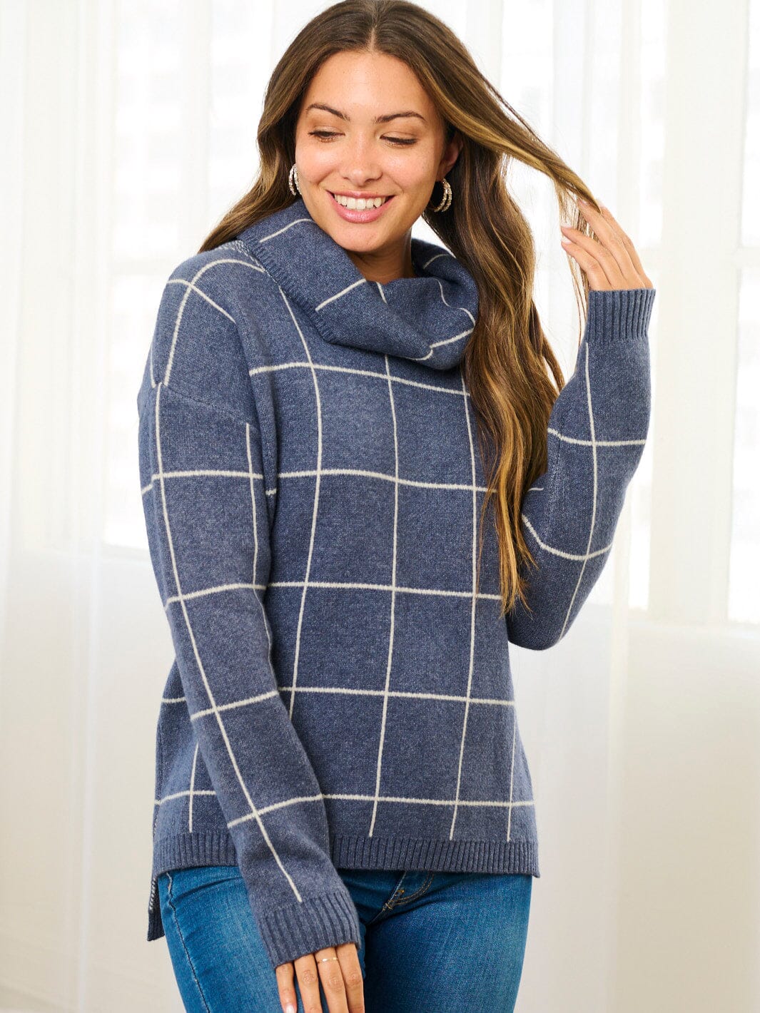 WOMEN'S LONG SLEEVE TURTLE NECK CHECKERS PRINT PULLOVER SWEATER ...