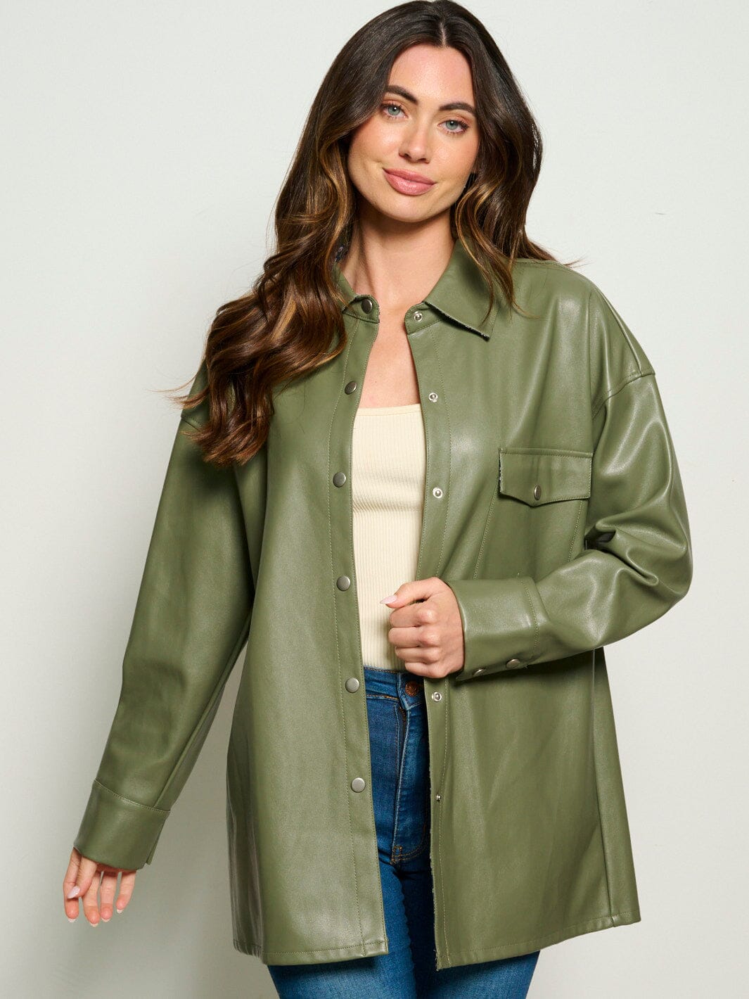 WOMEN'S LONG SLEEVE BUTTON UP PU PLEATHER SHACKET ...