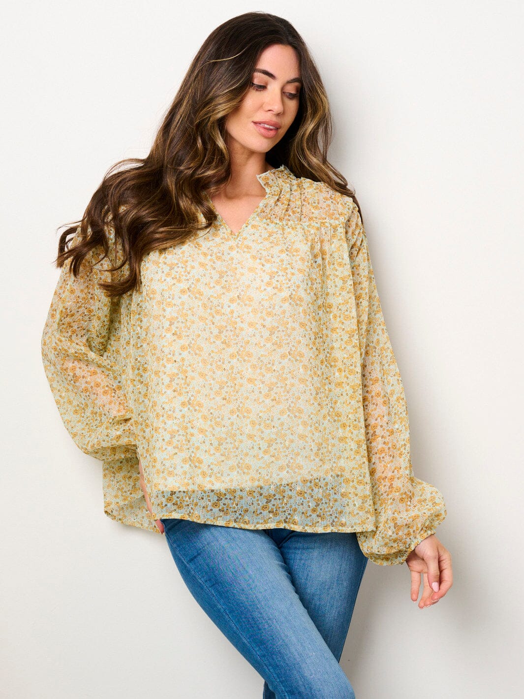 WOMEN'S LONG SLEEVE V-NECK RUFFLE FLORAL BLOUSE ...