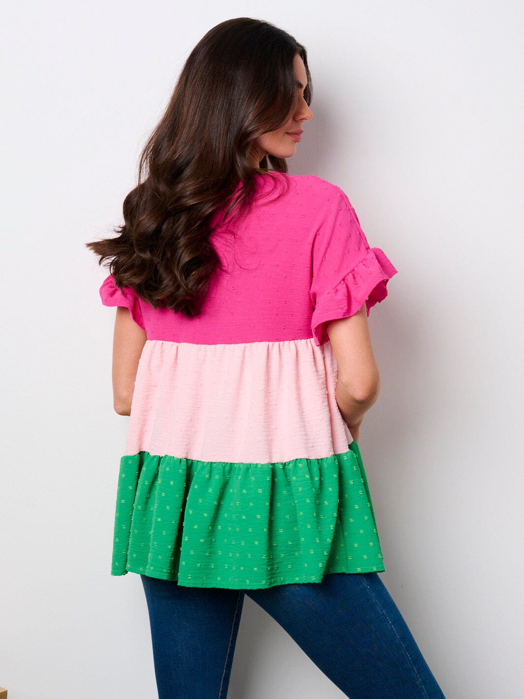 WOMEN'S SHORT SLEEVE TIERED COLORBLOCK TUNIC SWISS TOP ...