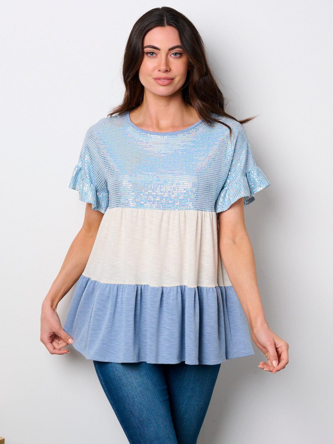 WOMEN'S SHORT SLEEVE TIERED COLORBLOCK TUNIC SEQUINS TOP ...