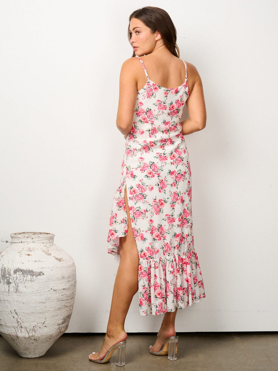 WOMEN'S SLEEVELESS RUFFLE HEM HIGH LOW FLORAL MIDI DRESS ...