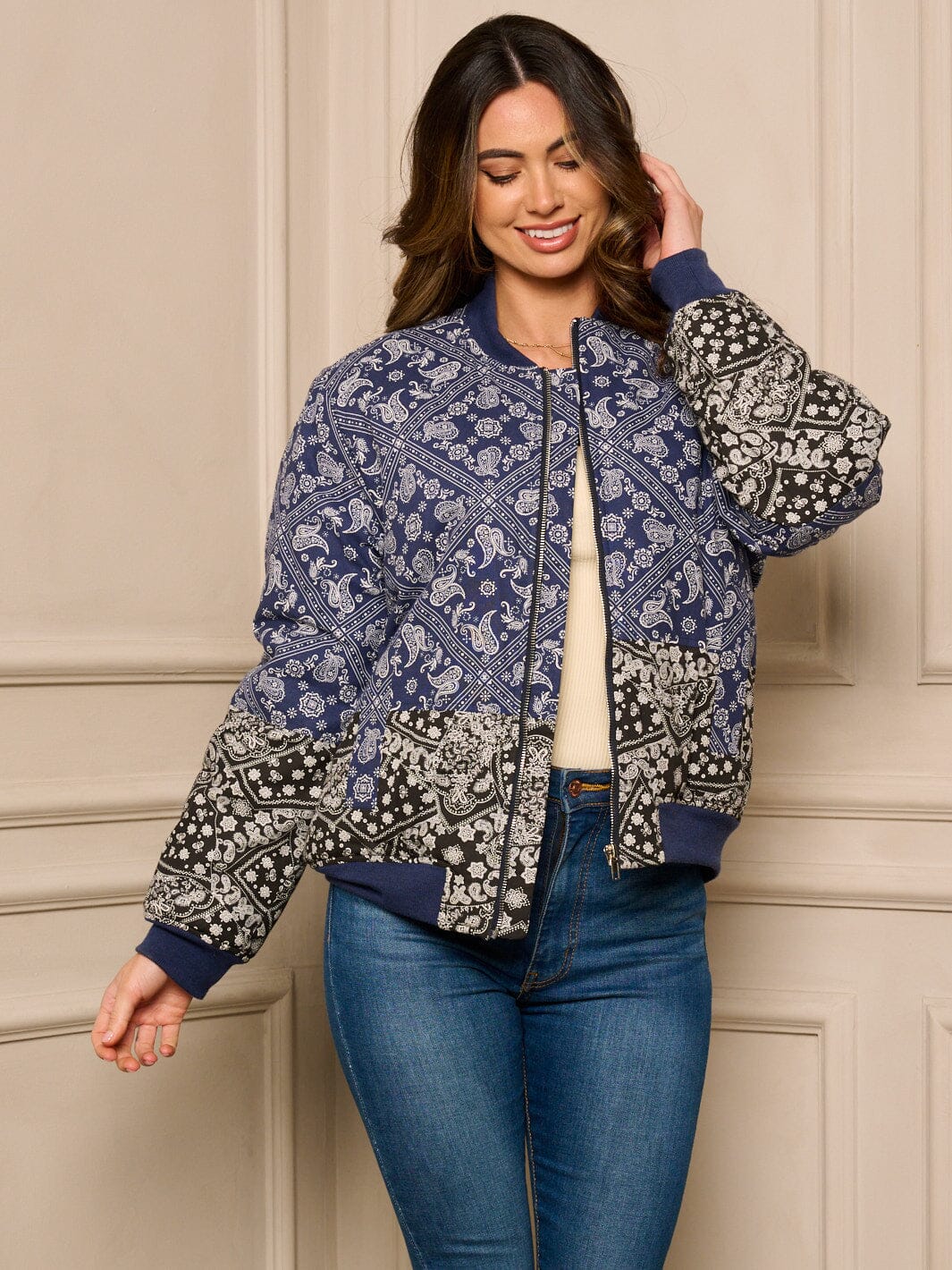 WOMEN'S LONG SLEEVE BANDANA PRINT PUFFER JACKET ...