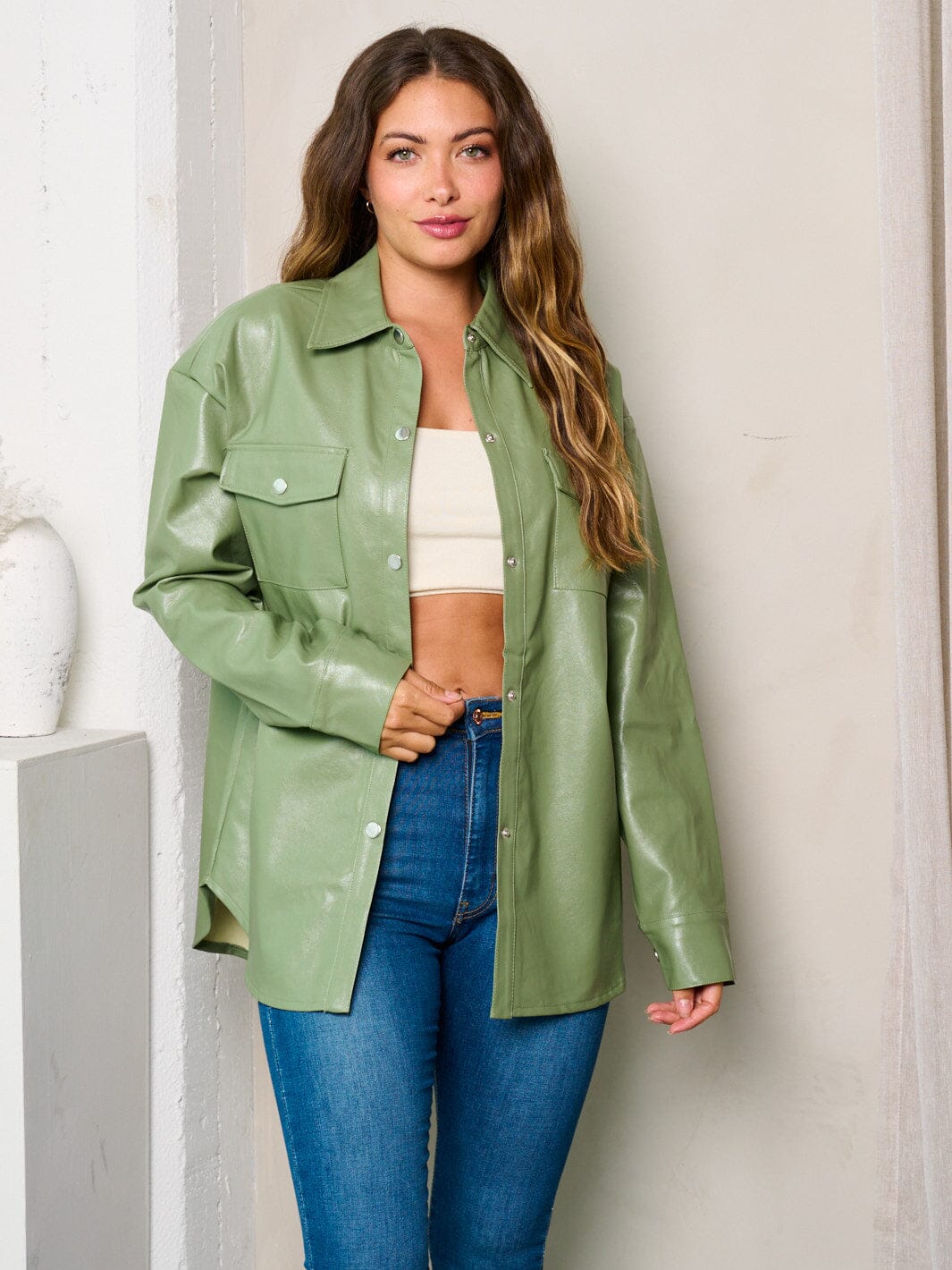 WOMEN'S LONG SLEEVES BUTTON UP PU PLEATHER JACKET ...
