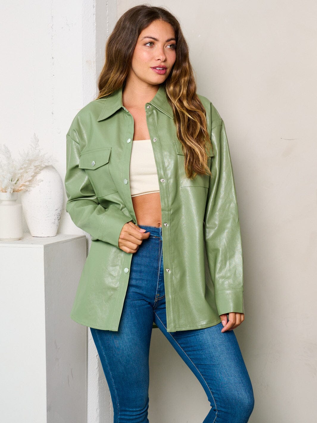 WOMEN'S LONG SLEEVES BUTTON UP PU PLEATHER JACKET ...