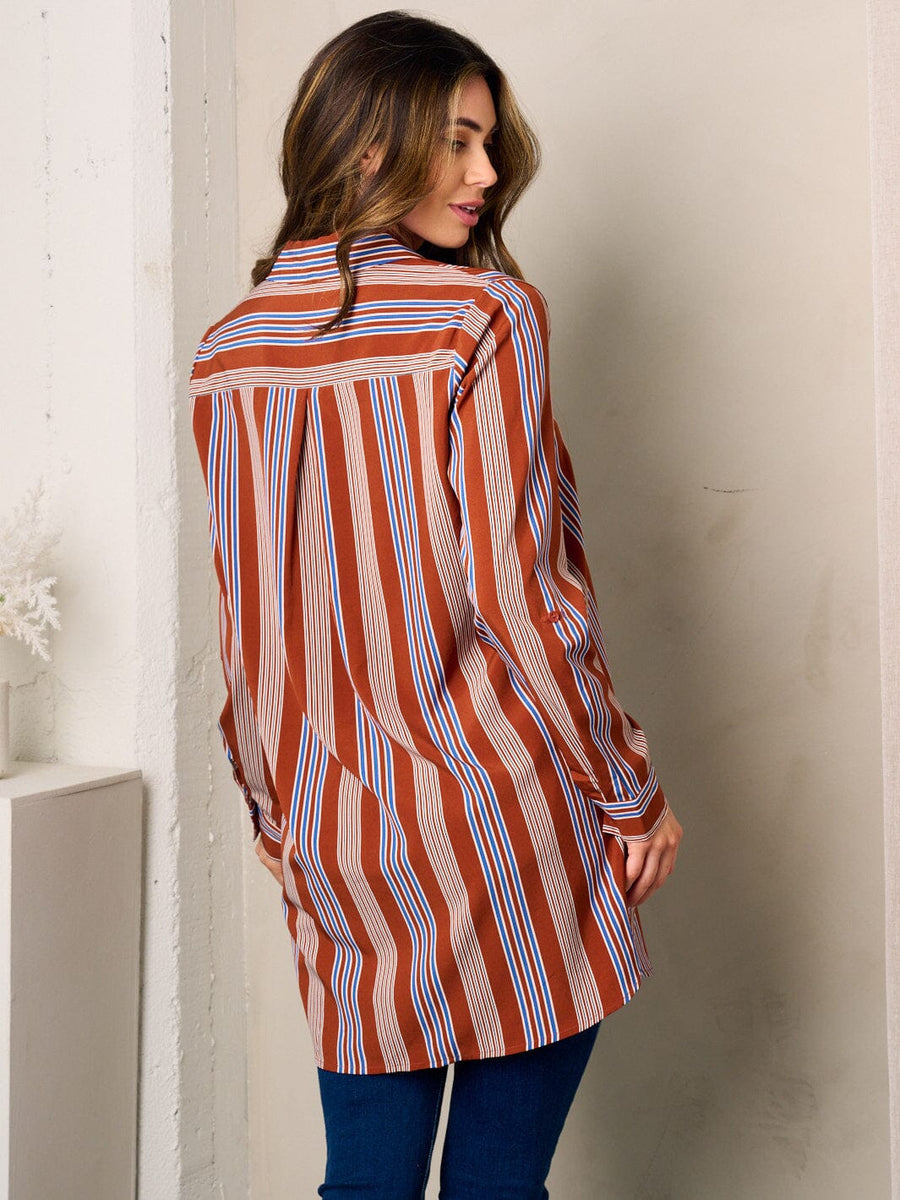 WOMEN'S LONG SLEEVE BUTTON UP FRONT POCKET COLORBLOCK STRIPES OVERSIZE ...