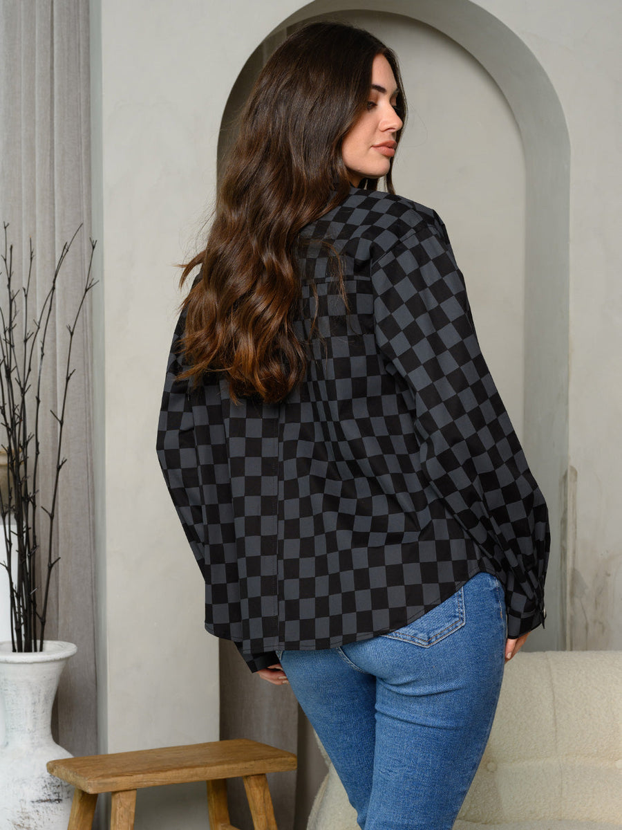 WOMEN'S LONG SLEEVE BUTTON UP CHECKERS PRINT JACKET ...